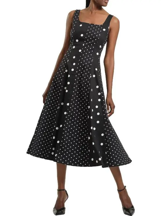 ISAAC MIZRAHI NEW YORK Seamed Stretch Cotton Midi Dress - Black White Dot