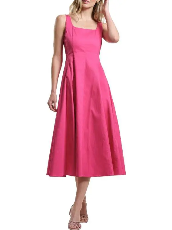 ISAAC MIZRAHI NEW YORK Seamed Stretch Cotton Midi Dress - Fuchsia