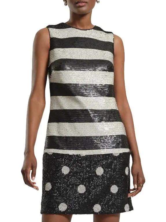 ISAAC MIZRAHI NEW YORK Mixed Print Sequin Shift Dress - Black White Dot