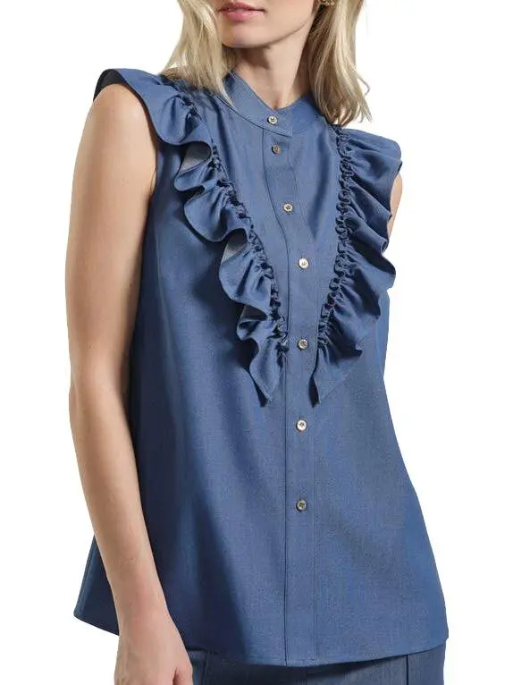 ISAAC MIZRAHI NEW YORK Ruffle Button-up Shirt - Denim