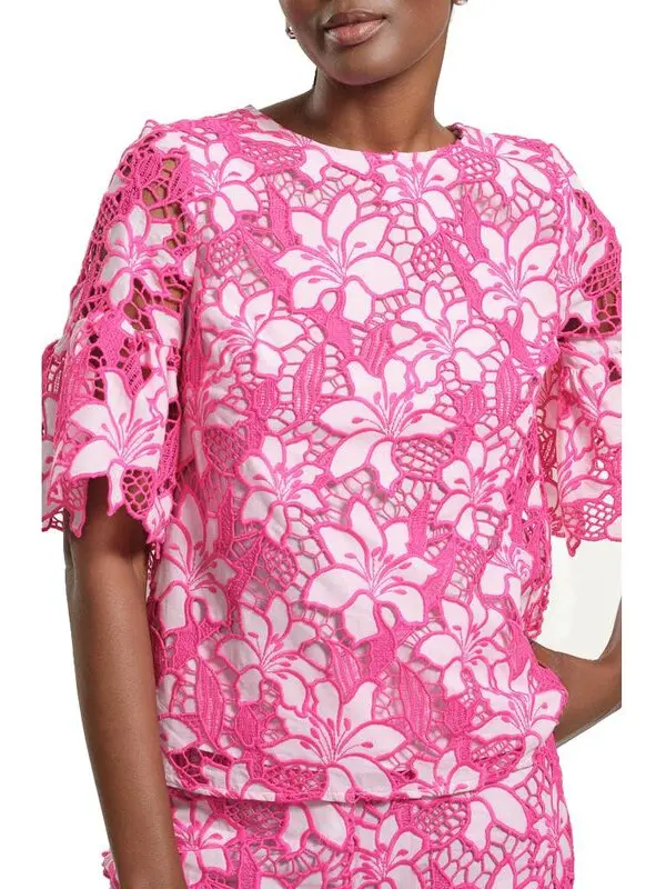 ISAAC MIZRAHI NEW YORK Floral Embroidered Eyelet Top - Fuchsia