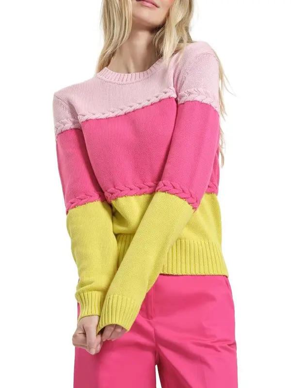 ISAAC MIZRAHI NEW YORK Color Block Crewneck Sweater - Fuchsia/multi