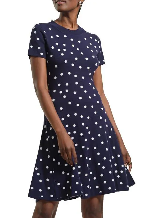 ISAAC MIZRAHI NEW YORK Polka Dot Fit & Flare Sweater Dress - Navy/white