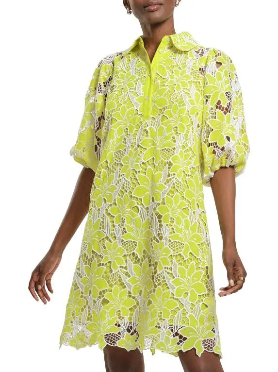 ISAAC MIZRAHI NEW YORK Floral Lace Eyelet Swing Shirtdress - Lime