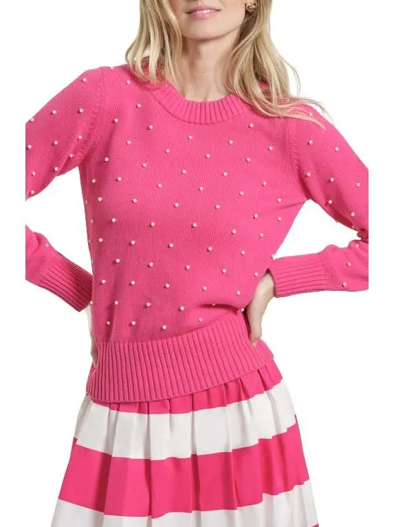 ISAAC MIZRAHI NEW YORK Faux Pearl Accent Cotton Crewneck Sweater - Fuchsia