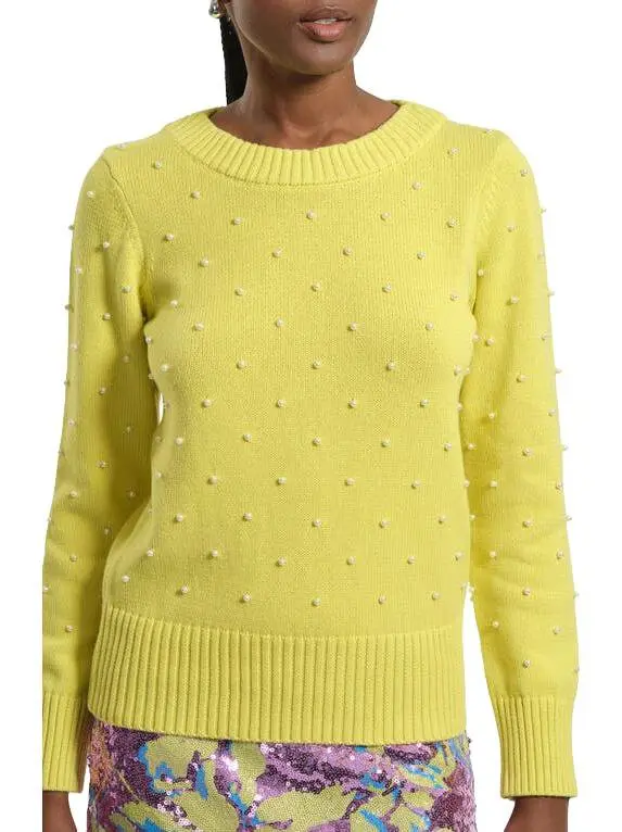ISAAC MIZRAHI NEW YORK Faux Pearl Accent Cotton Crewneck Sweater - Lime