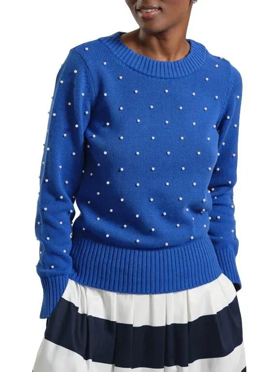 ISAAC MIZRAHI NEW YORK Faux Pearl Accent Cotton Crewneck Sweater - Royal