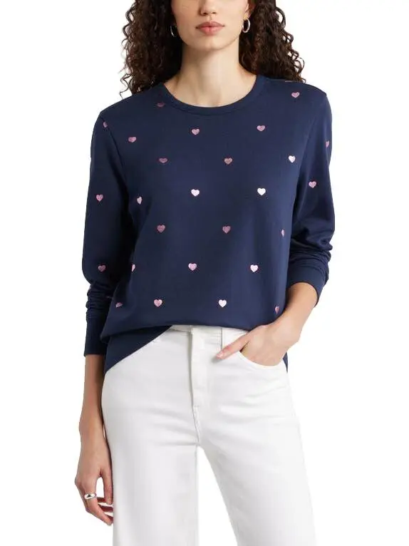 Caslon Foil Heart Print Crewneck Sweatshirt - Navy Still Foil Mini Heart
