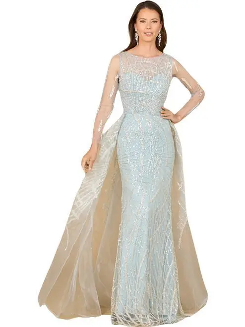 LARA NEW YORK Long Sleeve Lace Gown With Tulle Overskirt - Frost