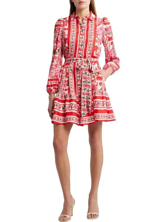 Anne Klein Tiered Tie Waist Long Sleeve Shirtdress - Poppy Multi