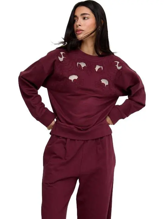 RAFFYA Lily-anne Long Sleeve Embroidered Sweatshirt - Burgundy