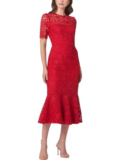 Shoshanna Darcy Savile Row Lace Midi Dress - Cherry