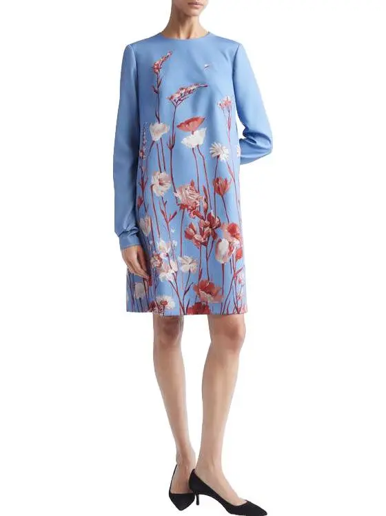 Lela Rose Floral Long Sleeve Stretch Crepe Shift Dress - Cornflower Multi