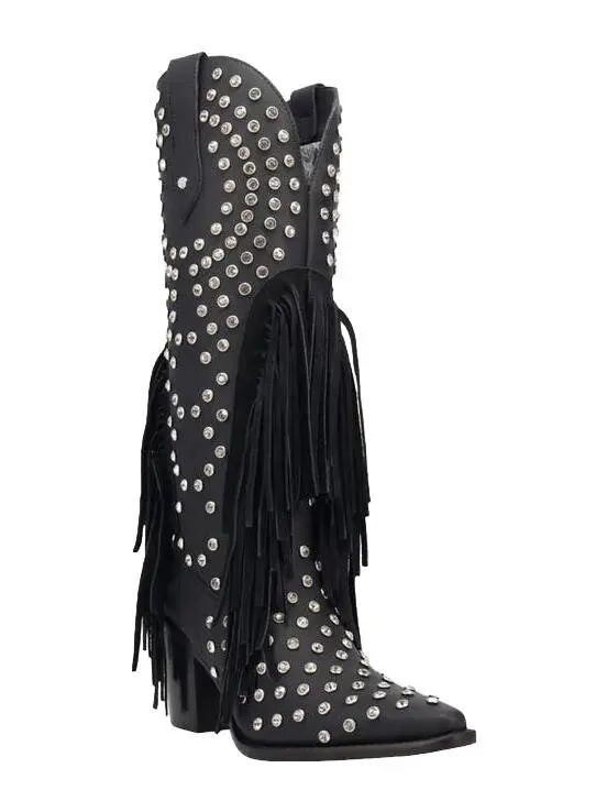 DINGO Fringe And Rhinestone Embellished Western Boots - Black