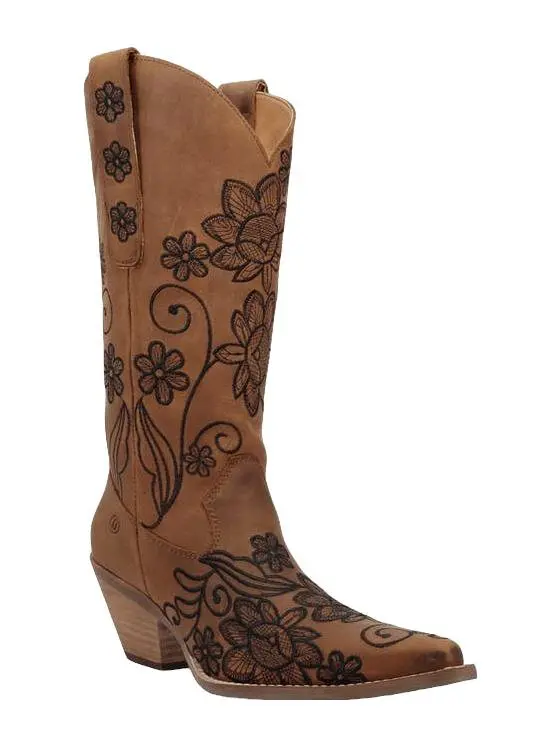 DINGO Floral Embroidery Western Boots - Brown