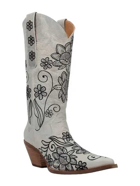 DINGO Floral Embroidery Western Boots - White
