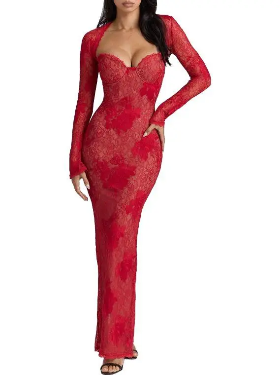 House Of Cb Lace Corset Strapless Gown With Bolero - Red