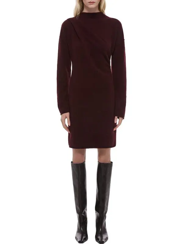 Helmut Lang Drape Detail Long Sleeve Wool Blend Sweater Dress - Burgundy