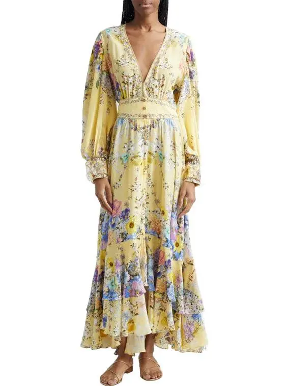Camilla Floral Long Sleeve Silk Button Front Dress - Darling Buds
