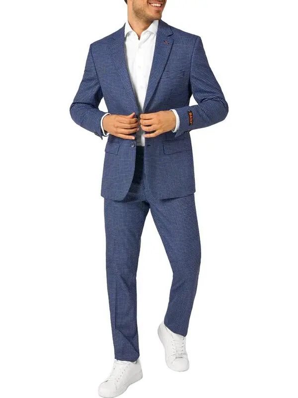 Opposuits Daily Slim Fit Navy Herringbone Check Stretch Suit - Blue