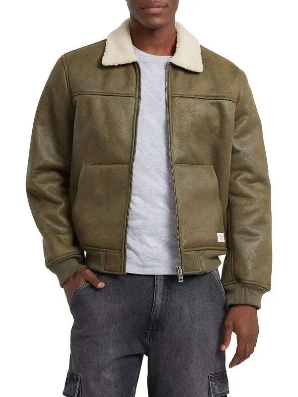 GUESS JEANS Faux Leather & Faux Shearling Bomber Jacket - Green