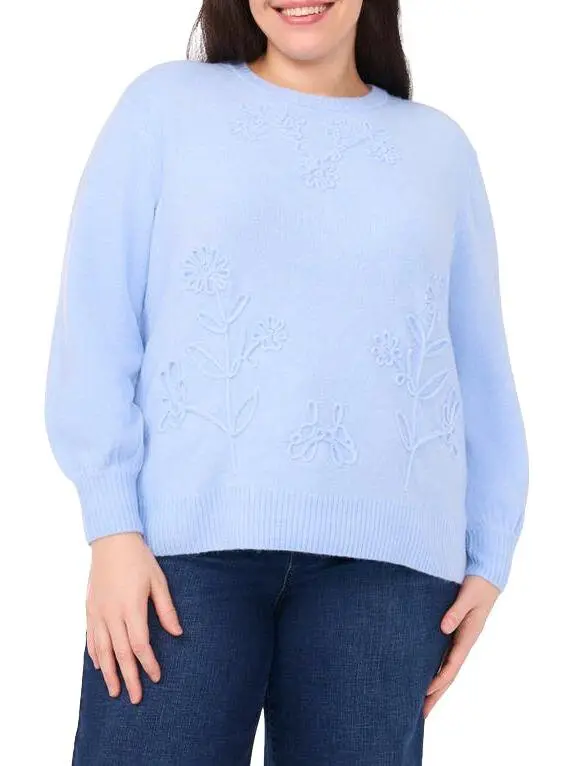 CECE DUPRAZ Embroidered Floral Crewneck Sweater - Chambray Blue
