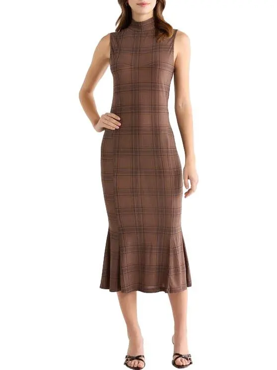 Astr The Label Leigha Plaid Midi Dress - Brown Plaid