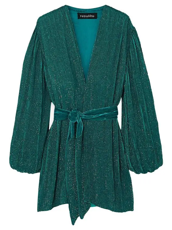 Retrofete Gabrielle Velvet-trimmed Sequined Mini Wrap Dress - Emerald