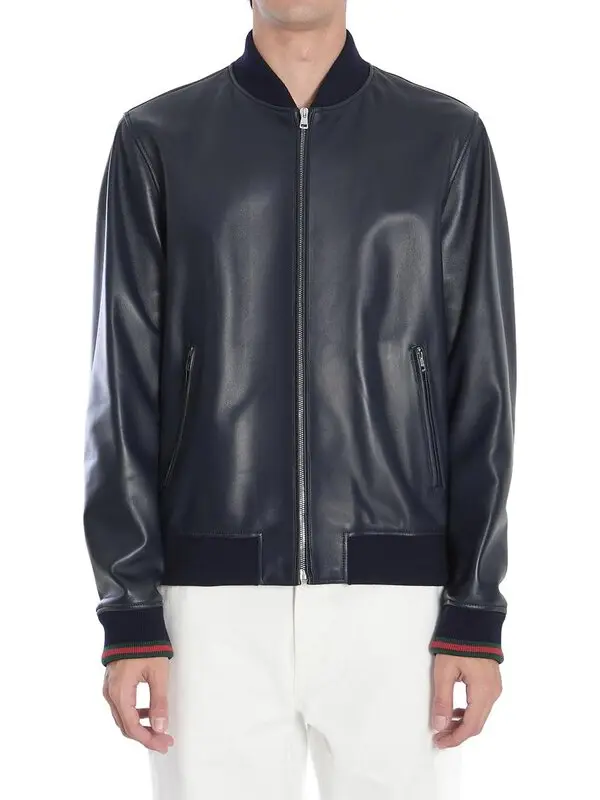 Gucci Web Bomber Leather Jacket - Blue