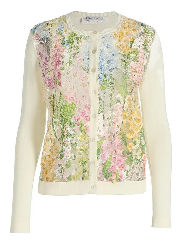 Oscar De La Renta Printed Foxgloves Lace Insert Cardigan - White Mult