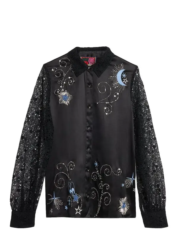 Johnny Was Vanti Beaded Lace-sleeve Blouse - Black
