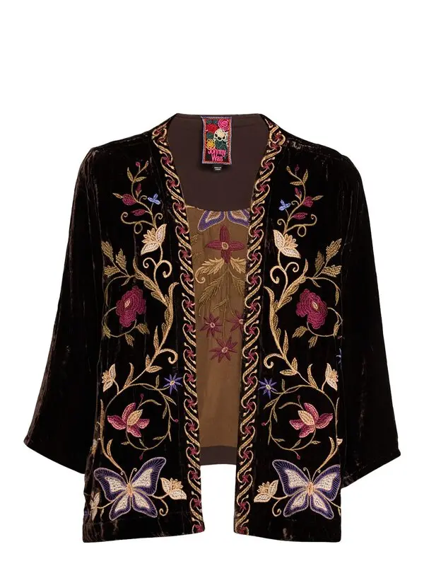 Johnny Was Carmina Floral-embroidered Velvet Bolero - Chocolate