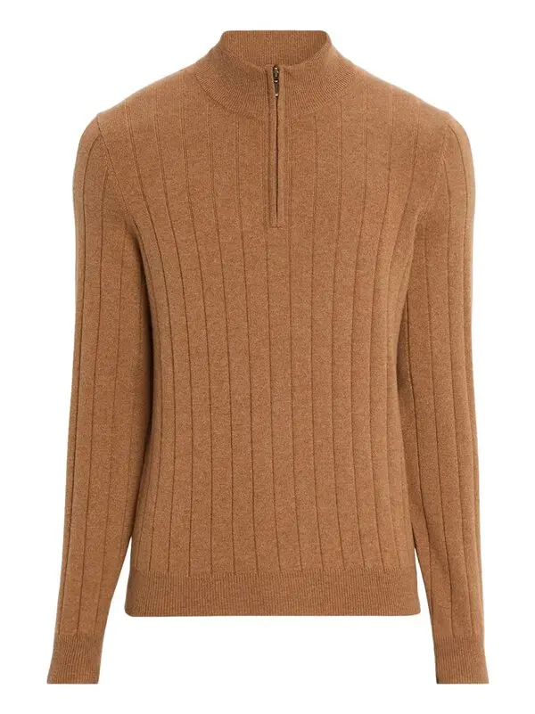 Neiman Marcus Cashmere Rib Quarter-zip Pullover Sweater - Haystack