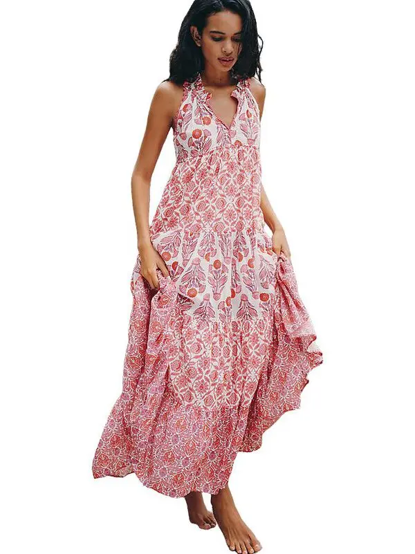 RO'S GARDEN Sofia Tiered Maxi Dress - Pink Pattern