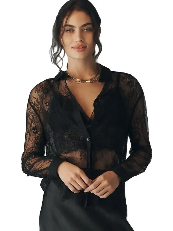 EN SAISON Darcy Long-sleeve Sheer Lace Buttondown Top - Black