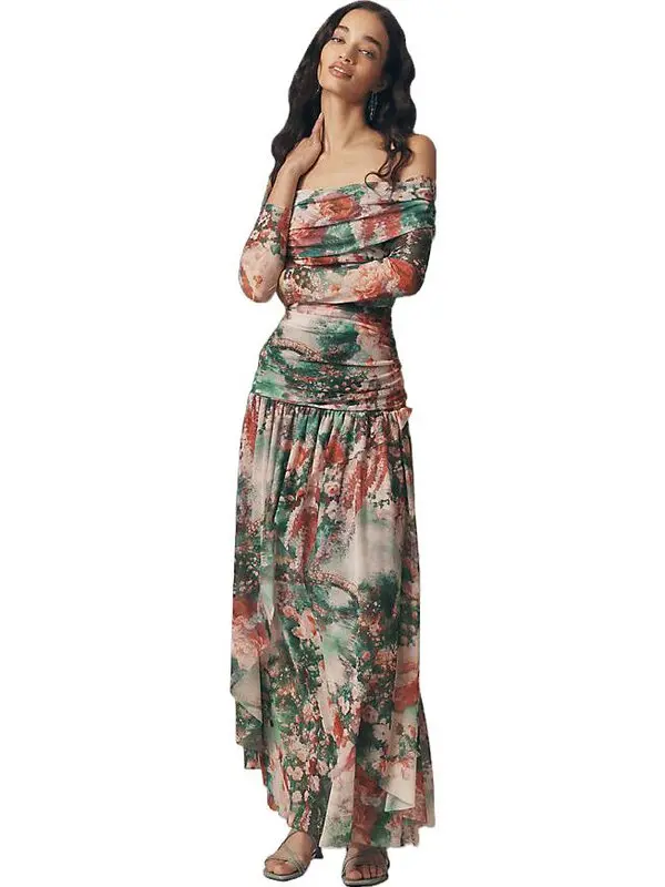 Bhldn Ivy Off-shoulder Drop-waist Maxi Dress - Green Floral