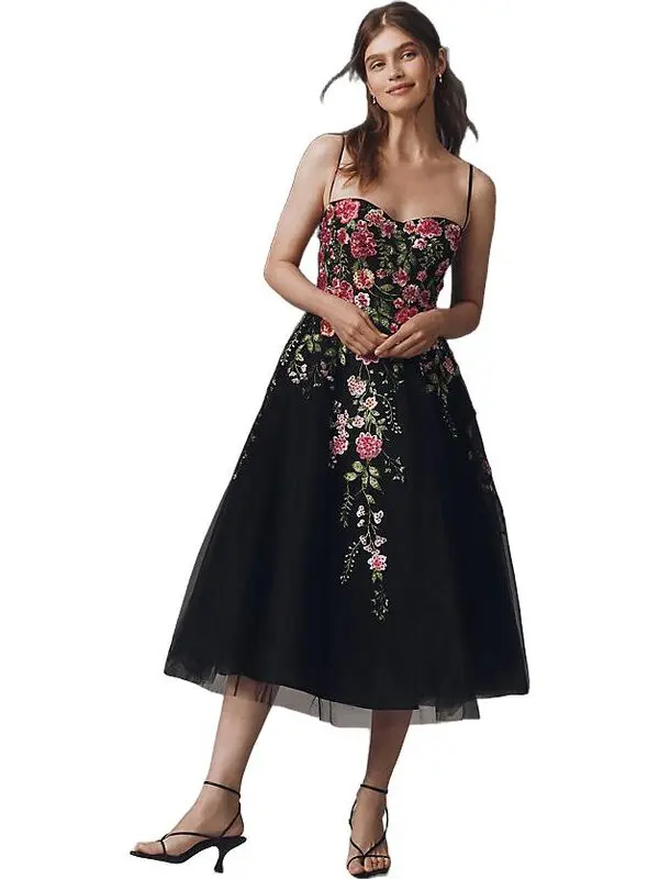 Mac Duggal Floral Fit & Flare Midi Dress - Black
