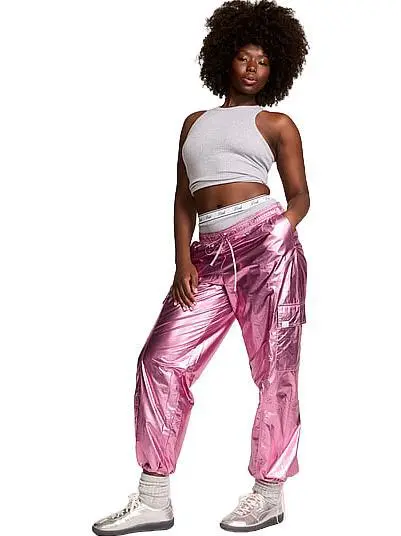 Pink Metallic Barrel Cargo Pants - Pink