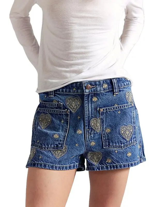 Free People Bettie Embroidered Denim Sailor Shorts - Be Mine