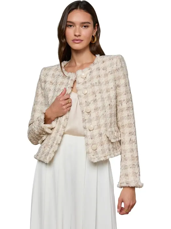 L'Agence Houndstooth Tweed Zell Jacket - Taupe/grey Houndstooth