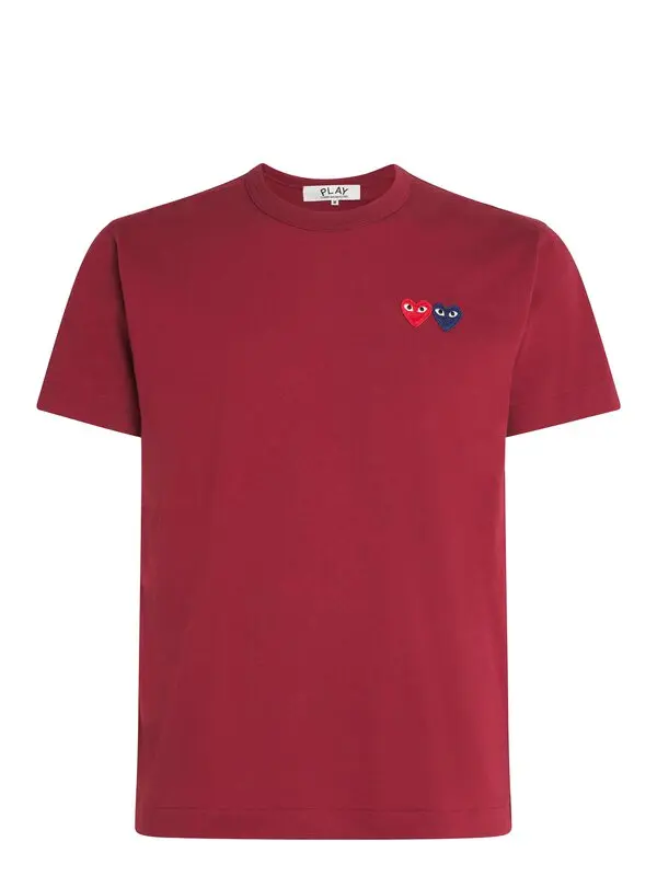 Play Comme Des Garcon Embroidered Double-heart T-shirt - Burgundy