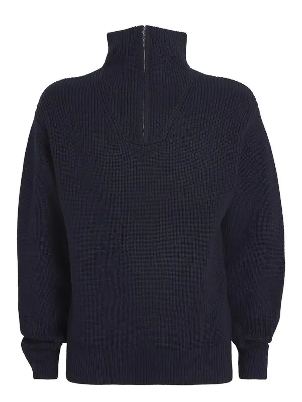 Officine Générale Merino Wool Quarter-zip Ribbed Sweater - Navy
