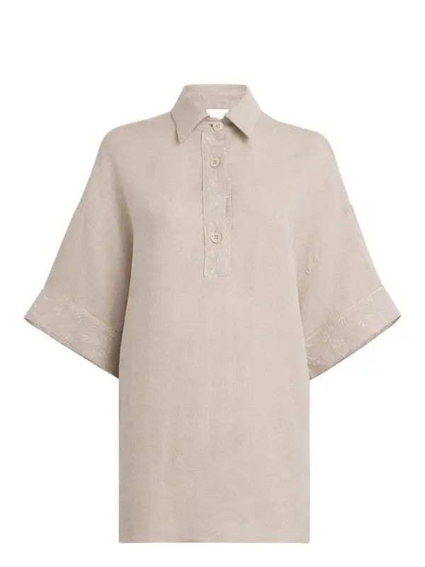 Eleventy Linen Embroidered Collared Shirt - Beige