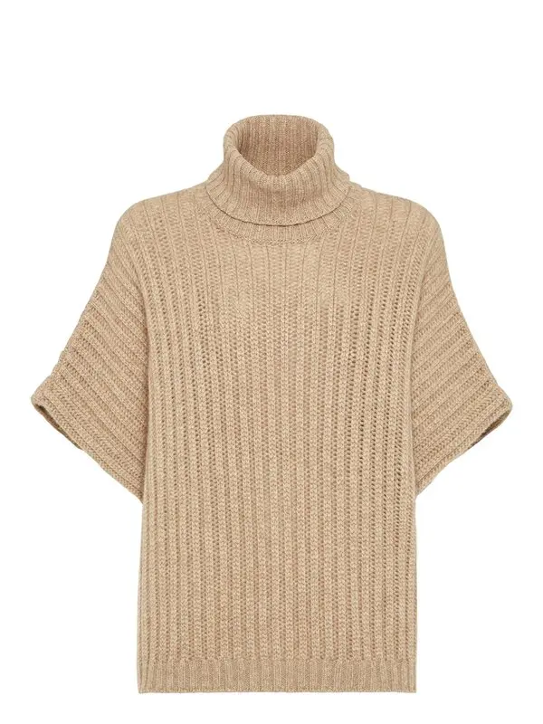 Brunello Cucinelli Cashmere Rollneck Short Sleeve Sweater - Beige