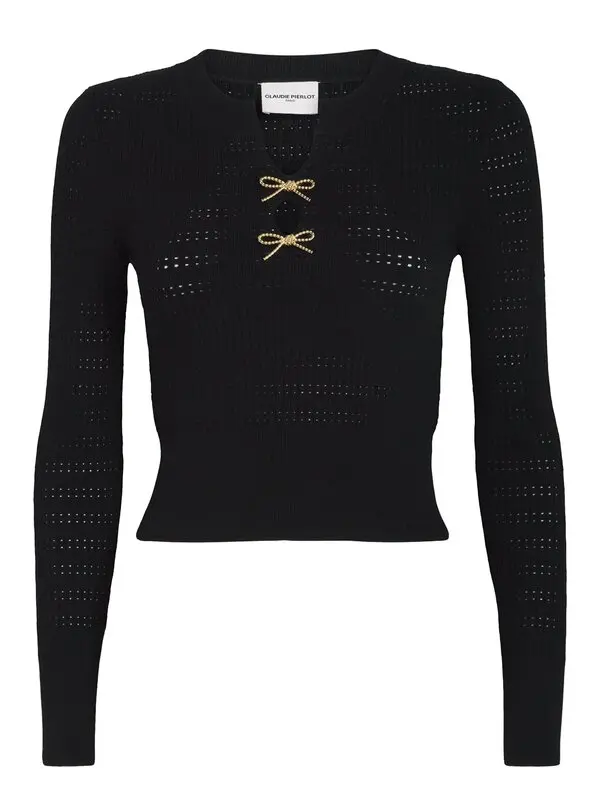 Claudie Pierlot Bow-embellished Cut-out Fine Knit Sweater - Black