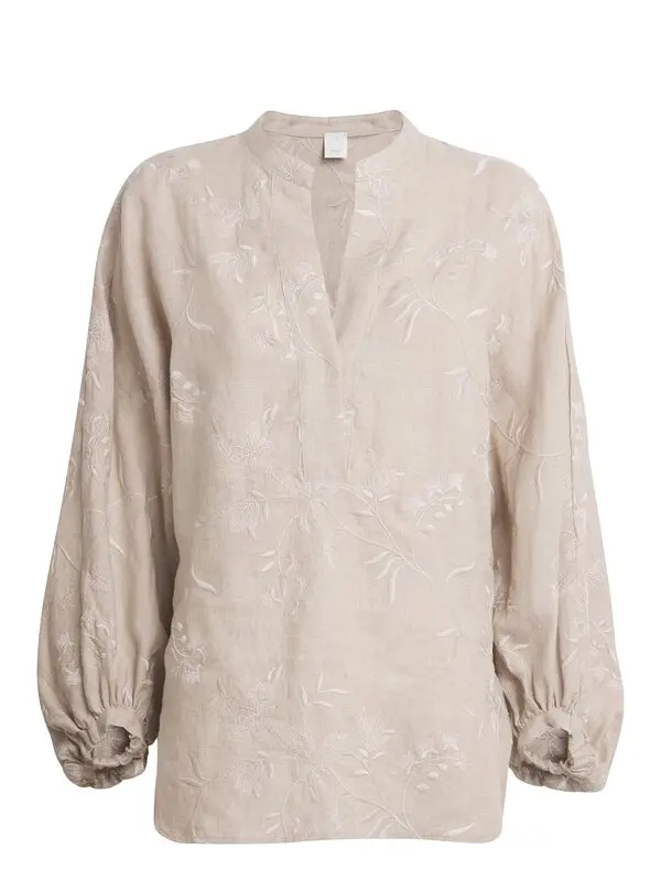 Eleventy Linen Floral Embroidered Blouse - Beige
