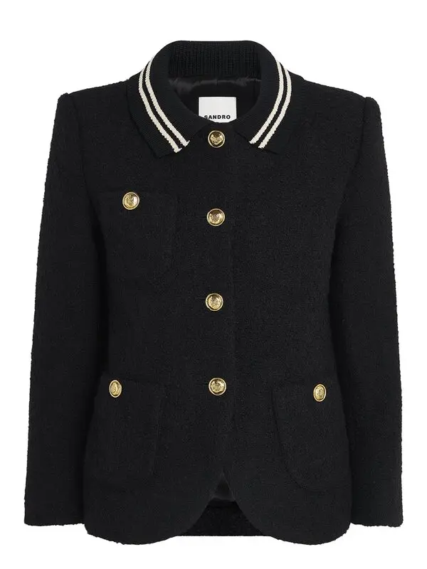 Sandro Tweed Jacket With Gold Button Details - Black
