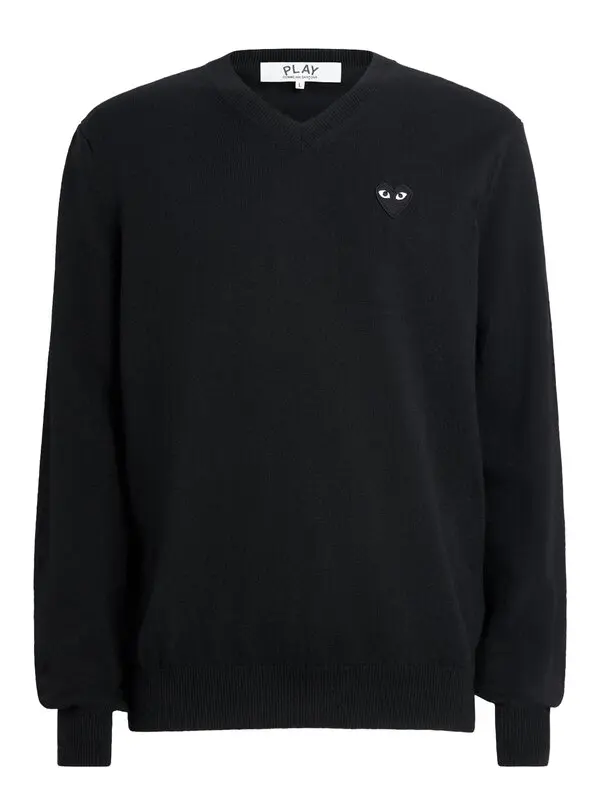 Play Comme Des Garcon Wool V-neck Heart Sweater - Black