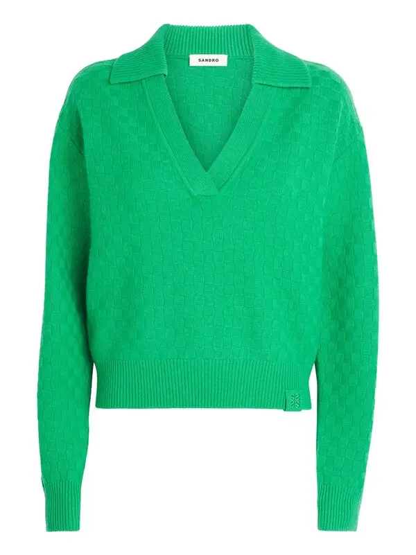 Sandro Wool-cashmere V-neck Chequerboard Sweater - Green