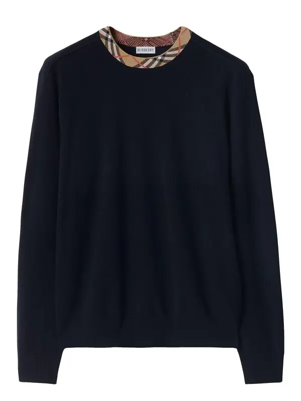 Burberry Wool Check-trim Crewneck Sweater - Navy